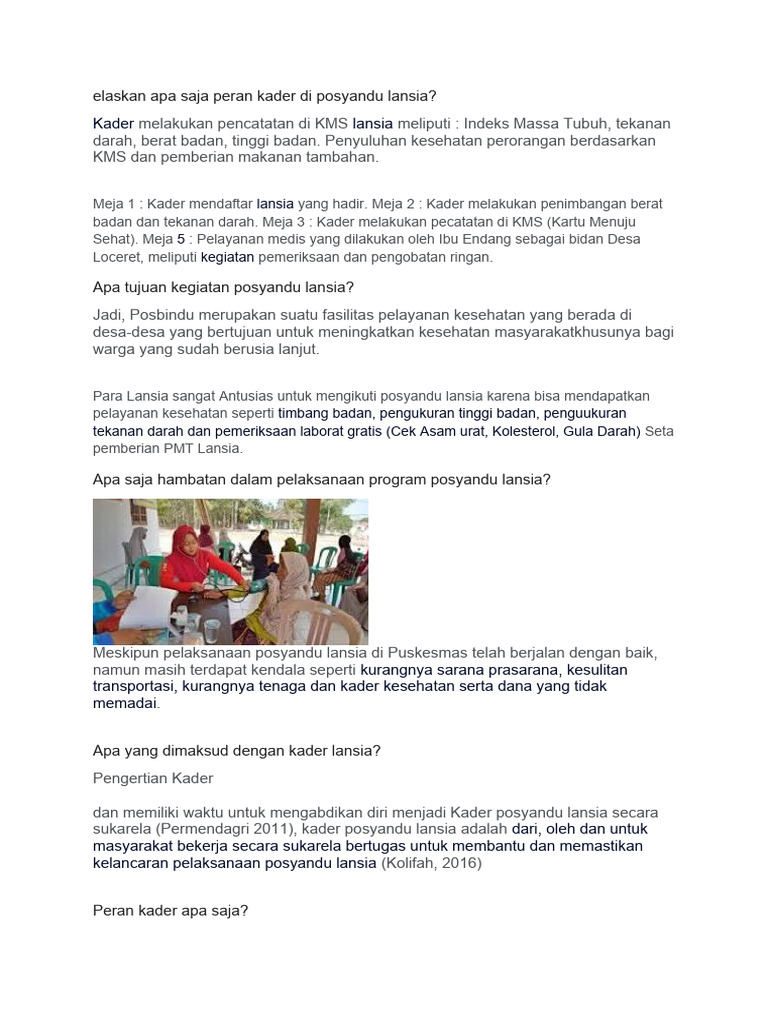 Elaskan Apa Saja Peran Kader Di Posyandu Lansia | PDF Elaskan Apa Saja Peran Kader Di Posyandu Lansia | PDF