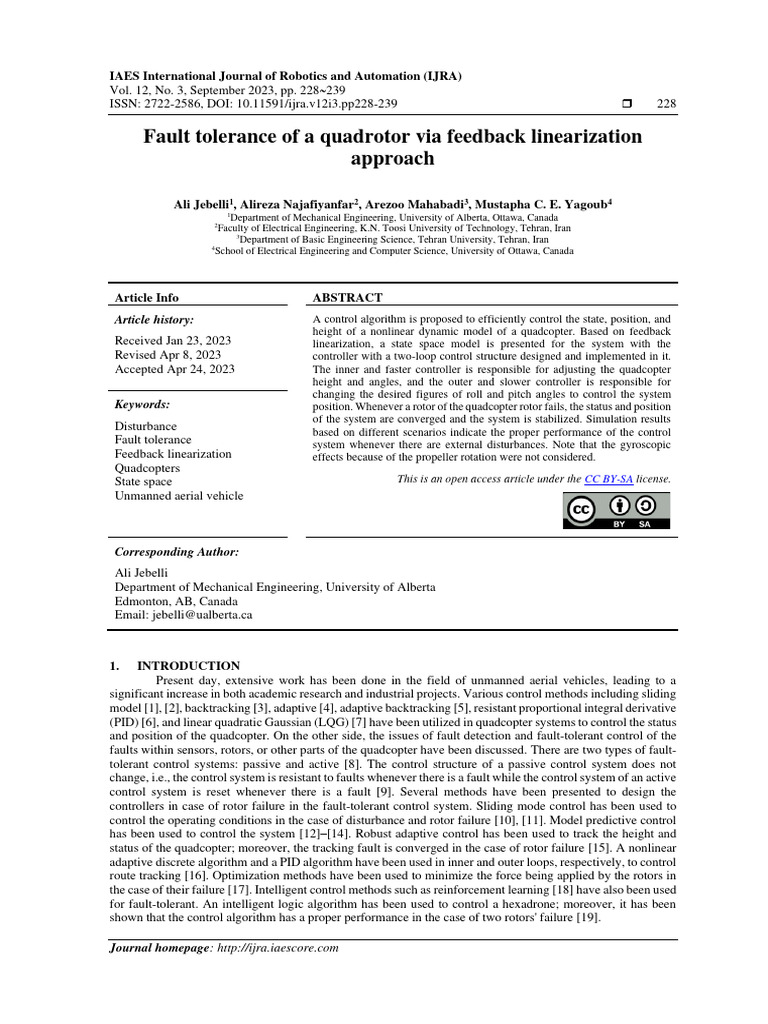 Fault Tolerance of A Quadrotor Via Feedback Linearization Approach | PDF