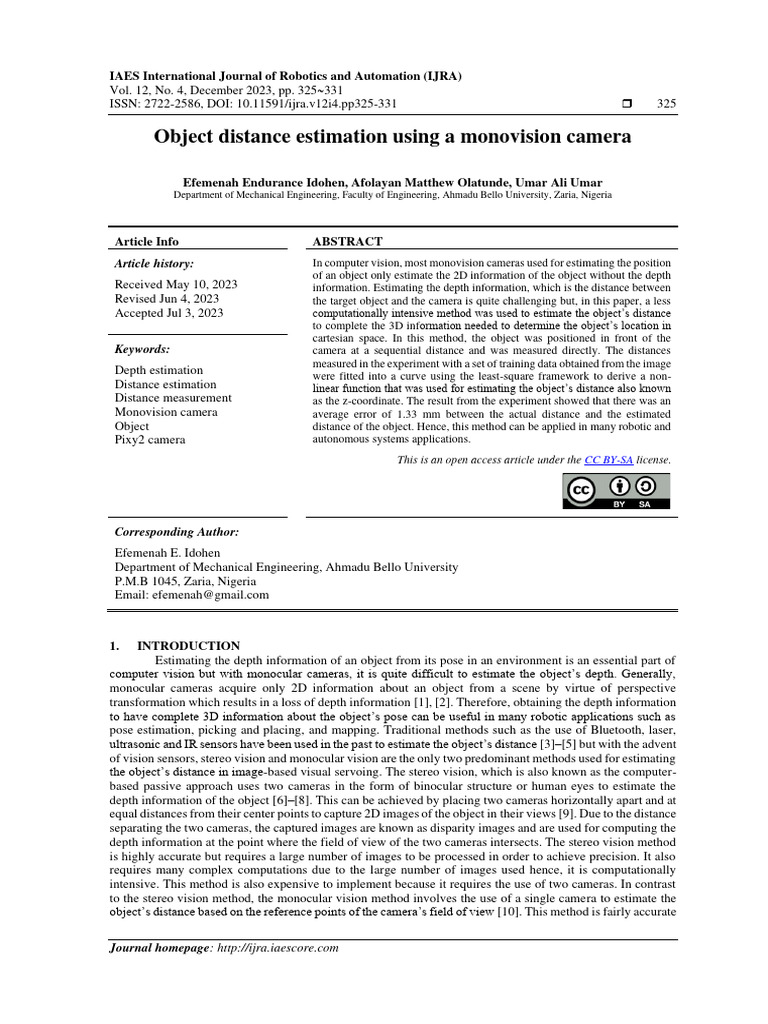 Object Distance Estimation Using A Monovision Camera | PDF | Computer Vision | Field Of View