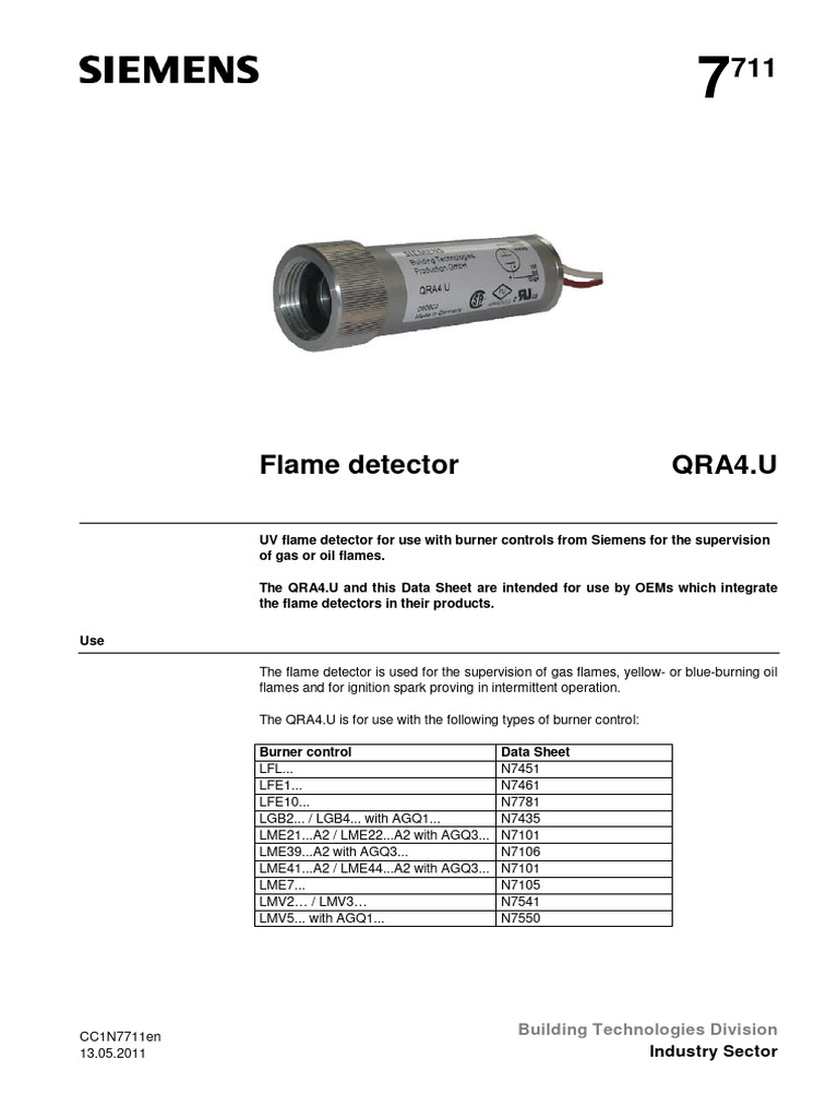 QRA4U N7711en 13-05-2011 - Siemens UV Flame Sensor | PDF