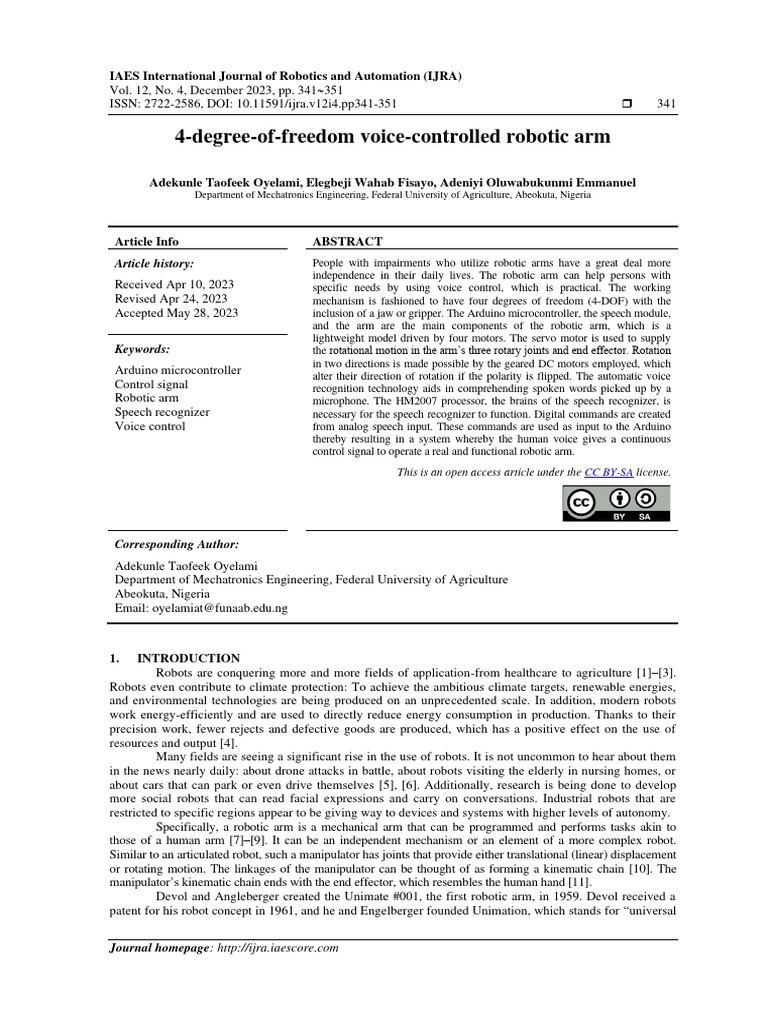 4-Degree-Of-Freedom Voice-Controlled Robotic Arm | PDF | Robotics | Robot
