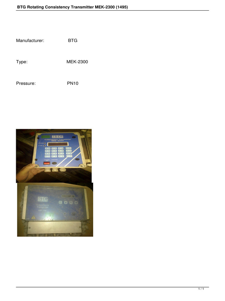 BTG Rotating Consistency Transmitter Mek 2300 1495 | PDF