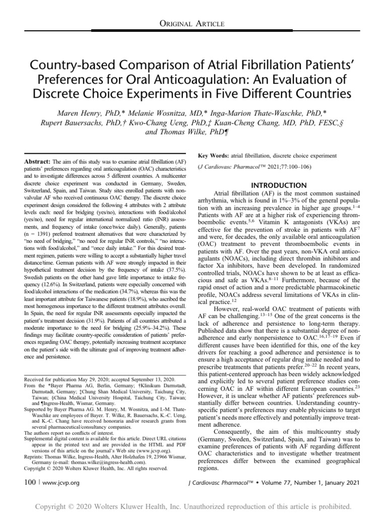 Country Based Comparison Of Atrial Fibrillation Patients Preferences For Oral Anticoagulation