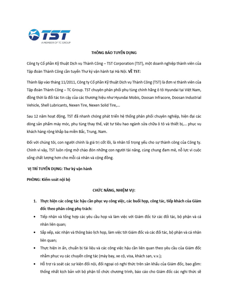 JD - Thư Ký Vận Hành - TST | PDF