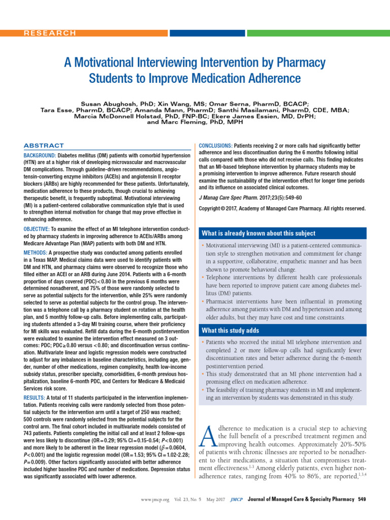 Abughosh Et Al 2017 A Motivational Interviewing Intervention by Pharmacy Students To Improve ...