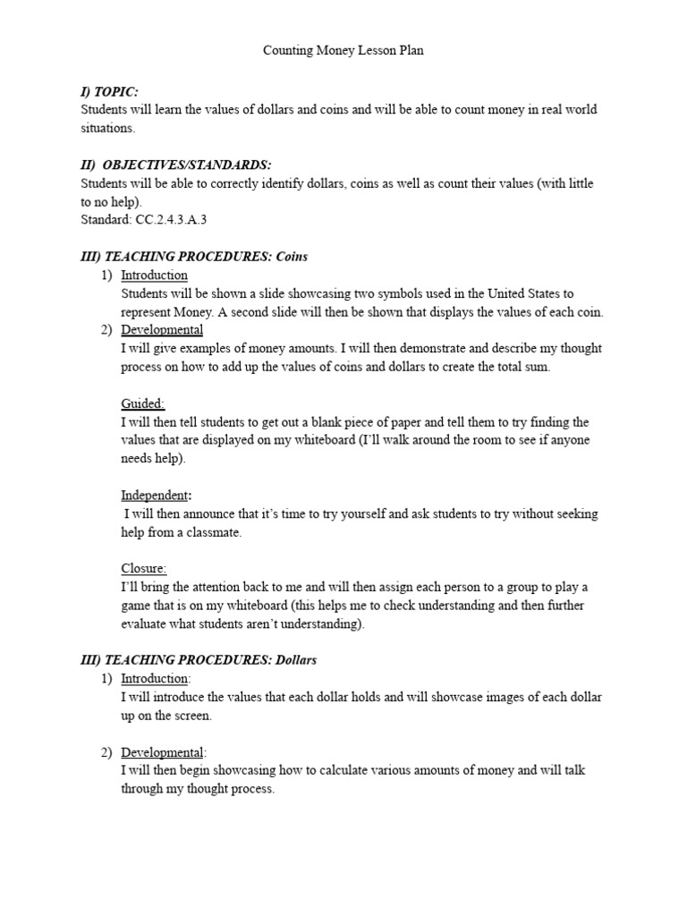 Counting Money Lesson Plan | PDF | Lesson Plan | Money