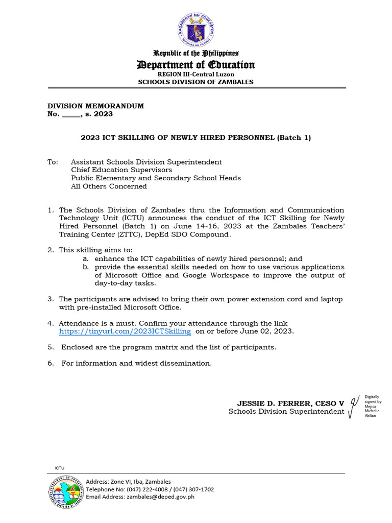 Memo Ict Skilling Of Non Teaching Personnel 2022 1 Pdf Computing