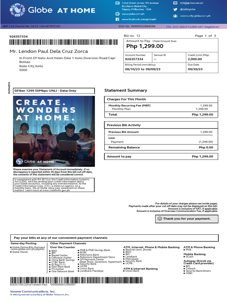 Globe Bill 926357334 | PDF | Payments | Credit Card