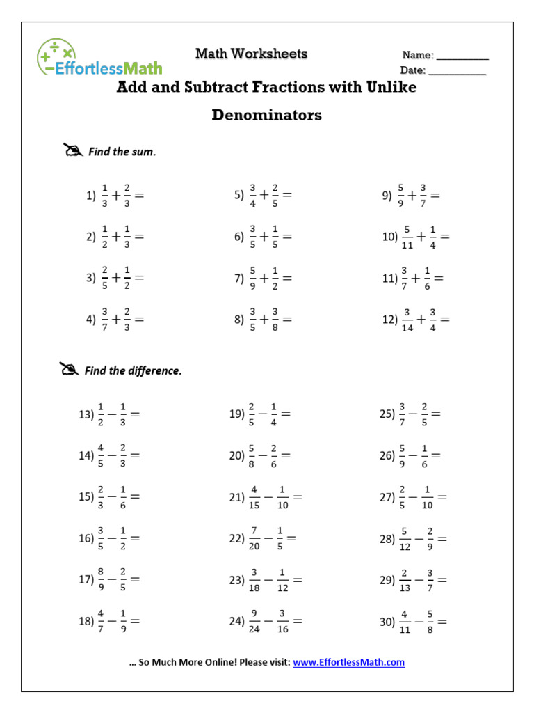 Add and Subtract Fractions With Unlike Denominators | PDF | Arithmetic ...