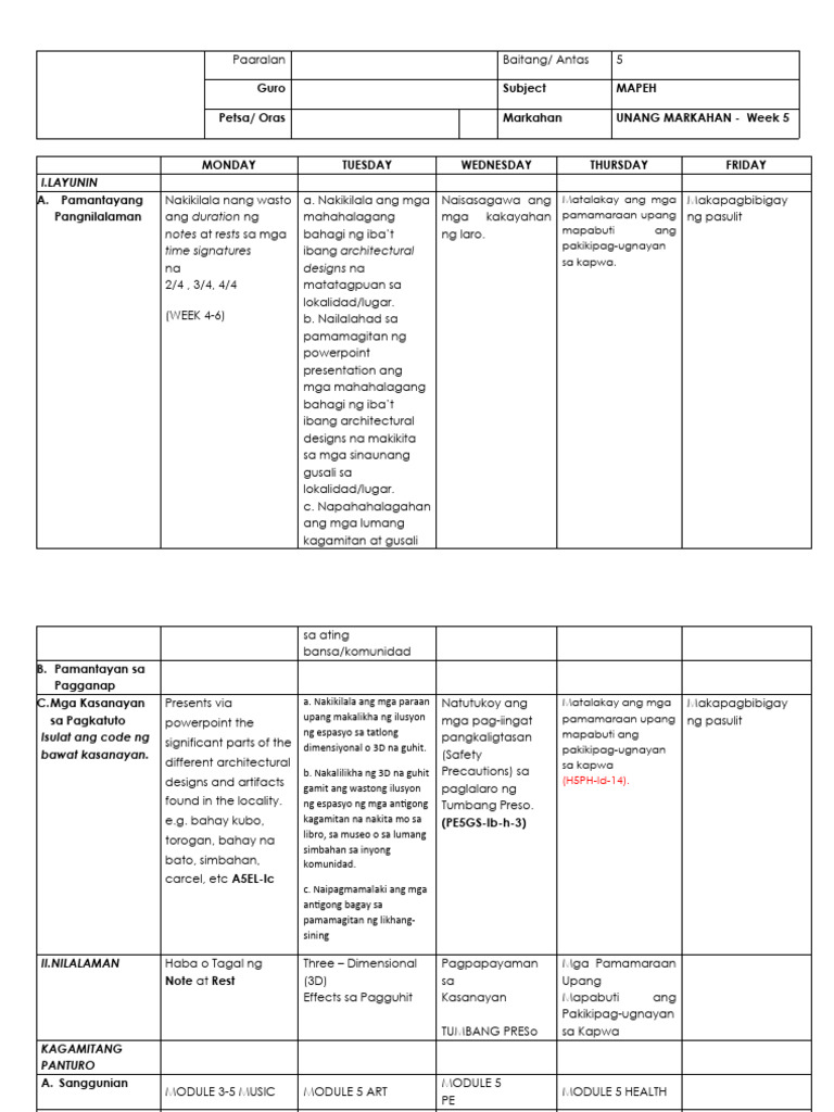DLL Week 5 Mapeh | PDF