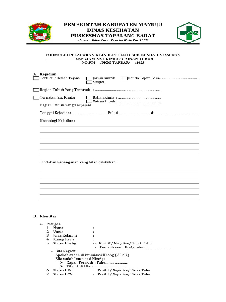 Formulir Pelaporan Tertusuk Benda Tajam | PDF Formulir Pelaporan Tertusuk Benda Tajam | PDF