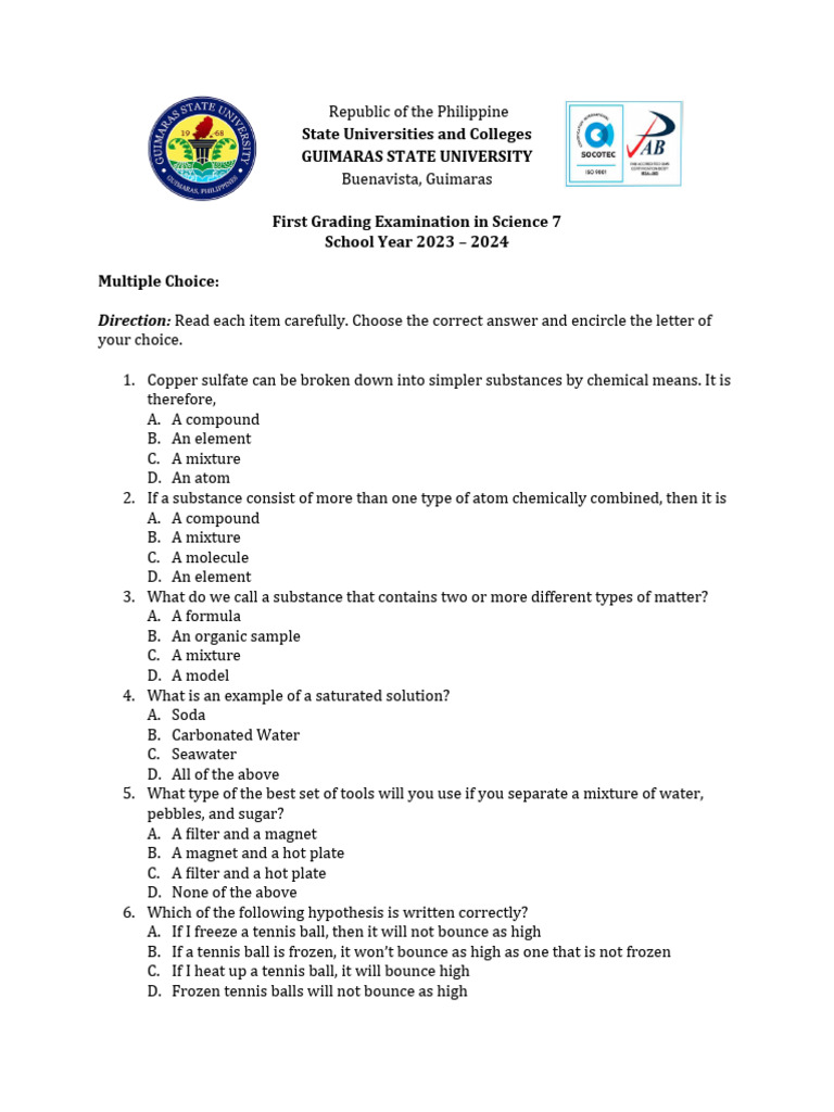 Science 7 Grading Exam Questions | PDF | Mixture | Solubility