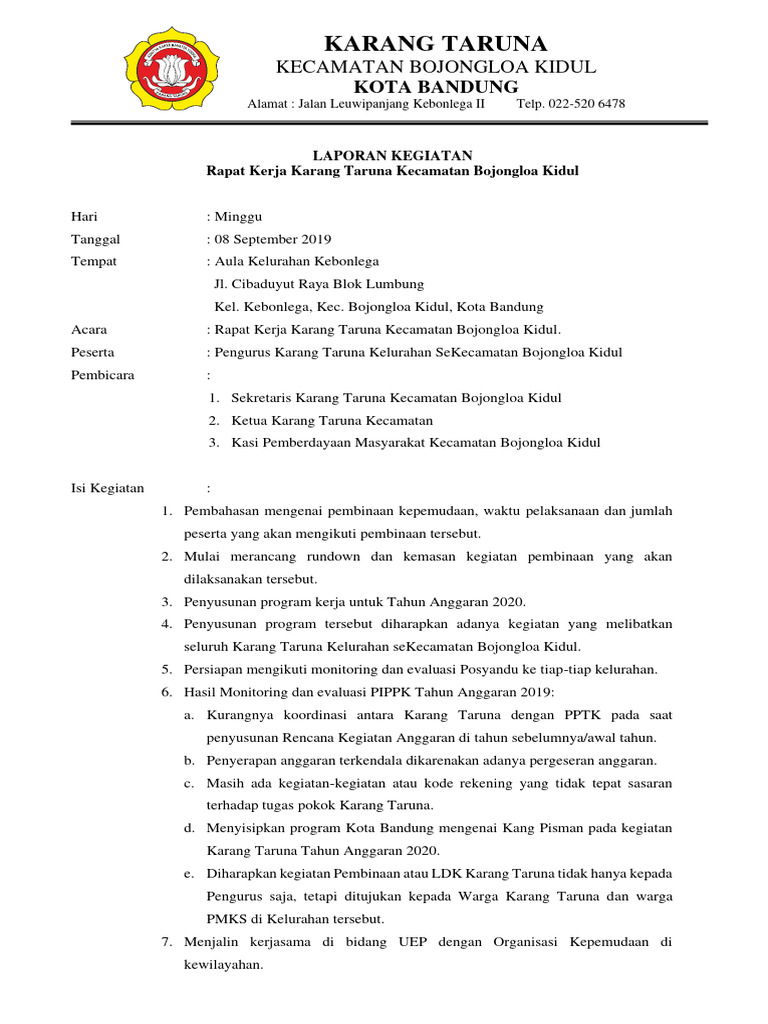 Laporan Kegiatan Rapat Kerja Karta Kec. Bojkid | PDF