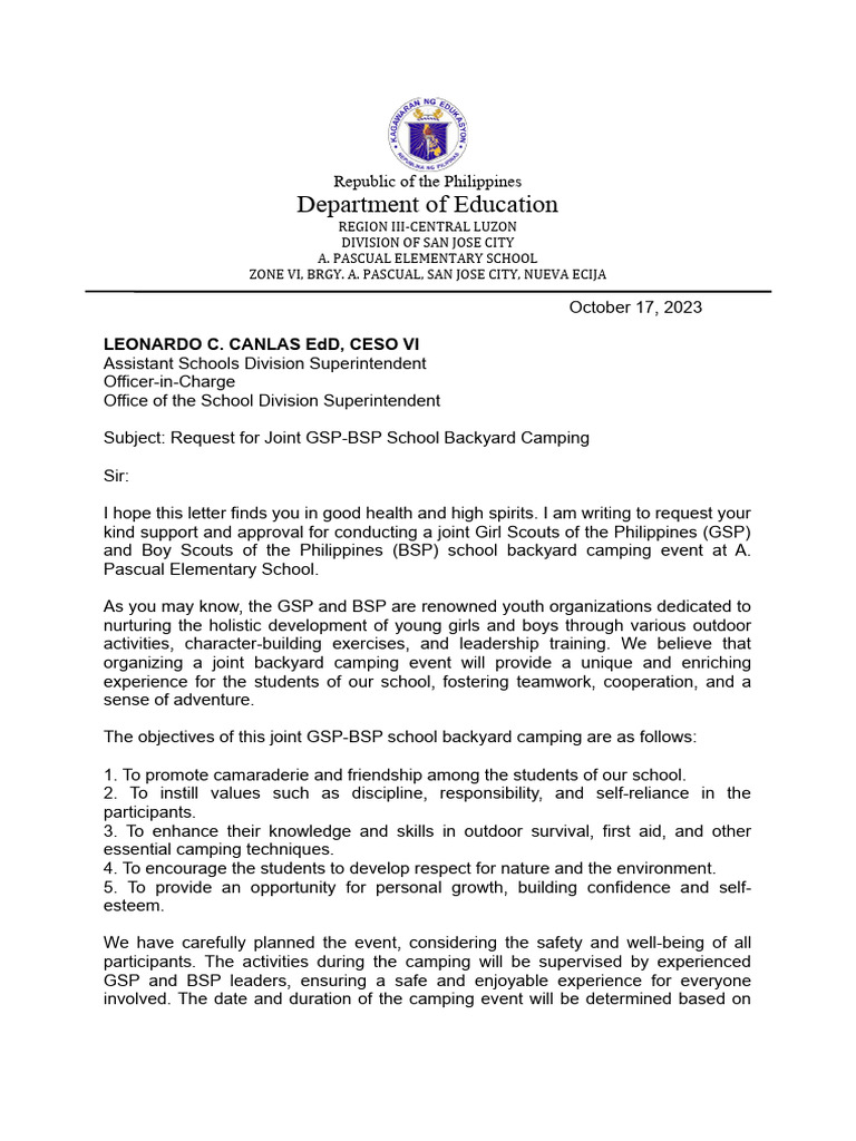 A.P.ES Letter or Request For Conduct of BC To SDS | PDF | Camping