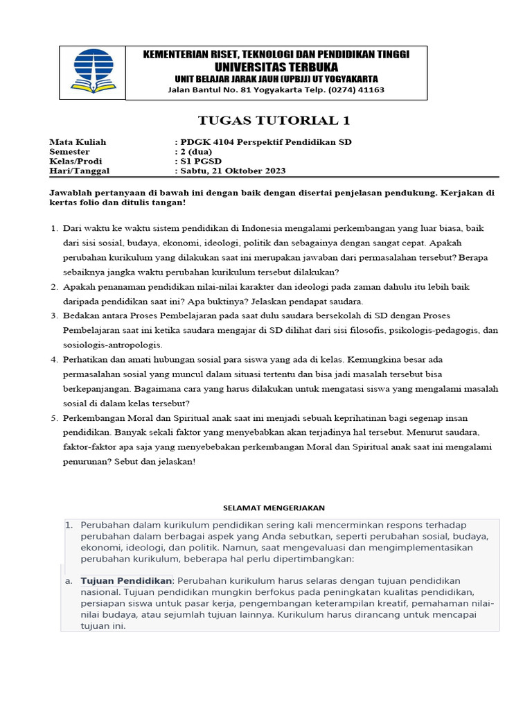 Tugas Tutorial 1, 21 Oktober 2023 (Perspektif Pendidikan SD) | PDF | Karier & Perkembangan ...