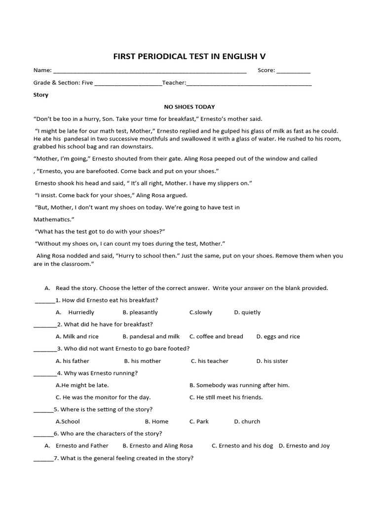 Grade 5 First Quarterly Exam in ENGLISH | PDF