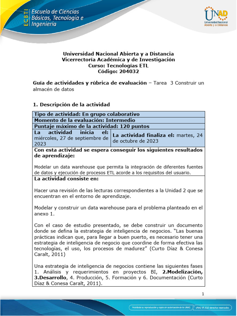Guia de actividades y Rúbrica de evaluación - Unidad 2 - Tarea 3 - Construir un almacen de datos ...