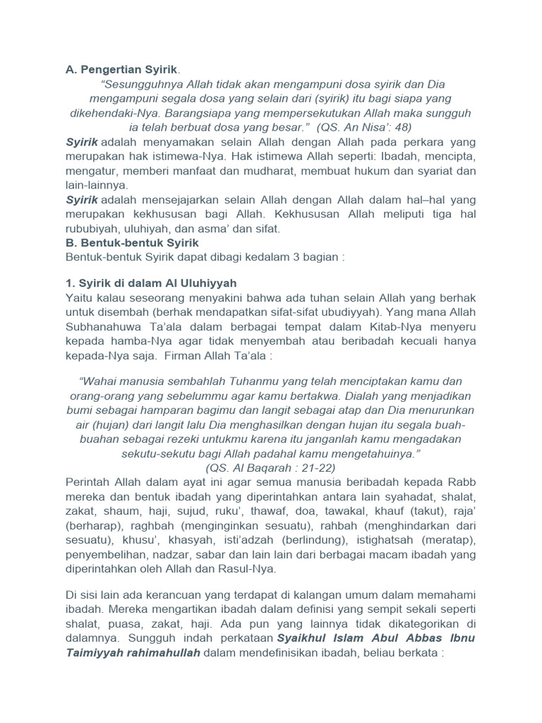 Pengertian dan Bentuk Syirik dalam Islam | PDF | Hukum | Agama ...