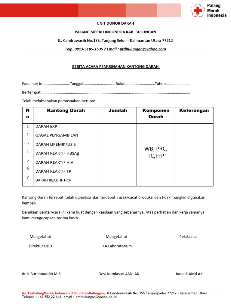 Berita Acara Pemusnahan Kantong Darah | PDF