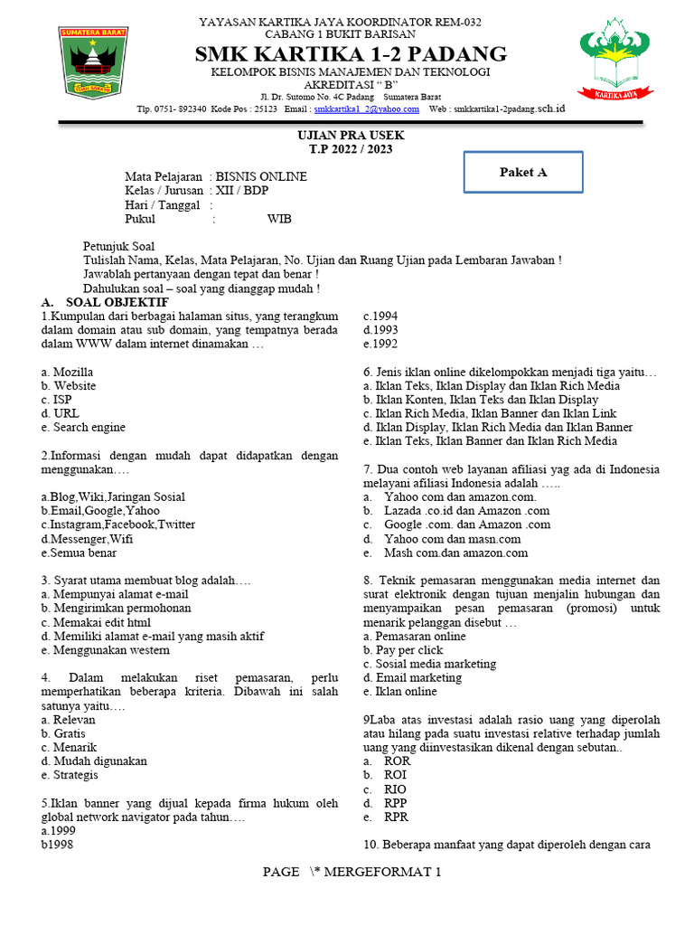 SOAL PRA USEK BISNIS ONLINE Pakat A | PDF