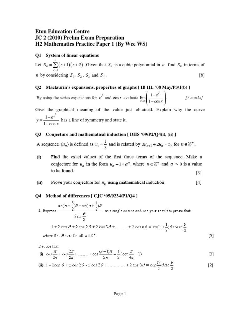 JC 2 2010 Prelim Preparation Papers 1 2 Pure Maths | PDF