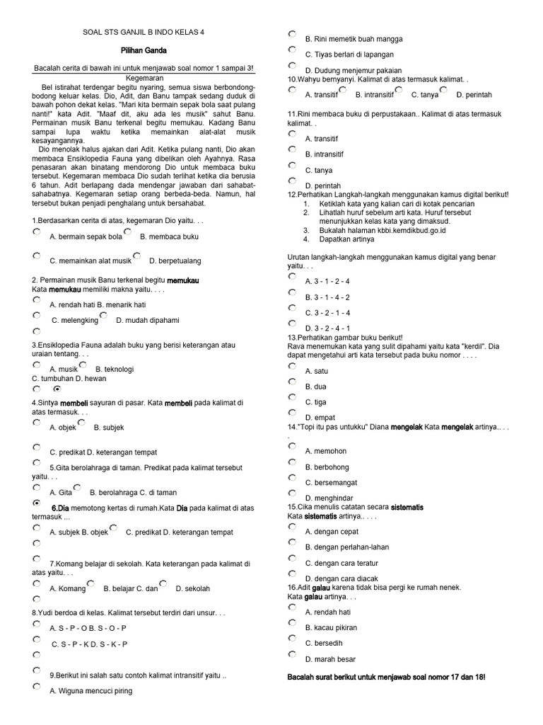 Soal STS Ganjil B Indo Kelas 4 | PDF
