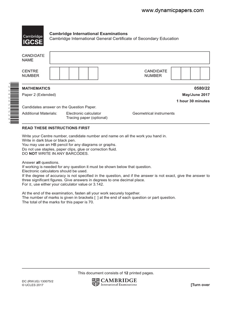 IGCSE Mathematics Exam Paper 2017 | PDF | Triangle | Area