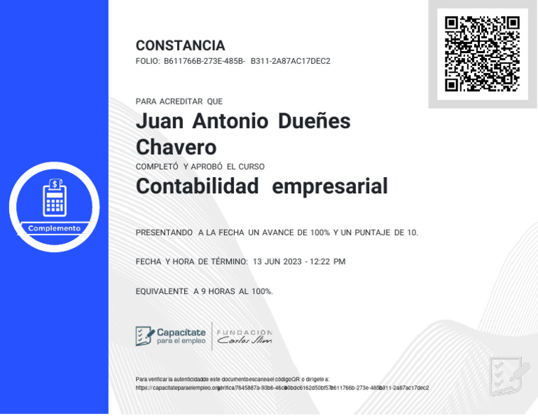 Certificado de Contabilidad Empresarial - Dueñes Chavero | PDF Certificado de Contabilidad Empresarial - Dueñes Chavero | PDF