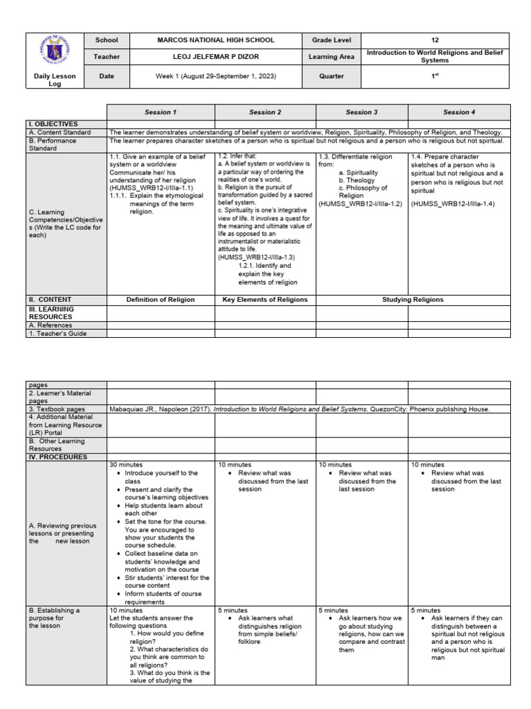 Intro To World Religion DLL Week 1 1 | PDF