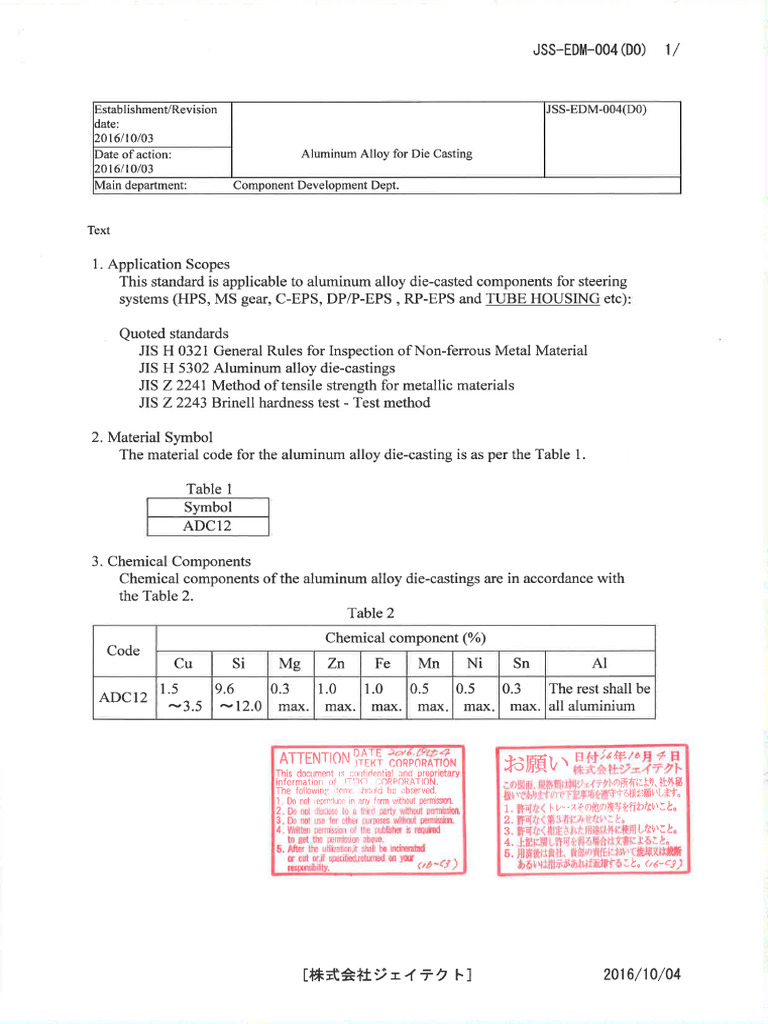 JSS EDM 004 (D0) - Aluminum Alloy For Die Casting - 19 Oct 18 | PDF