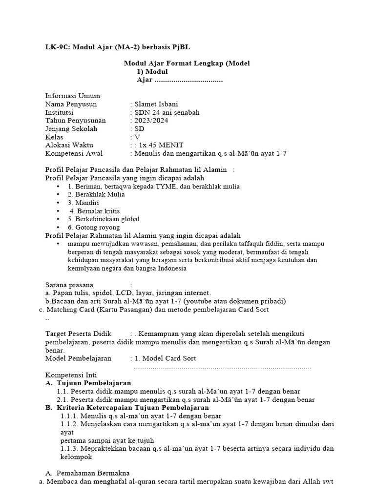 Lk-9 C: Modul Ajar (Ma-2) Berbasis PJBL Modul Ajar Format Lengkap (Model 1) Modul Ajar