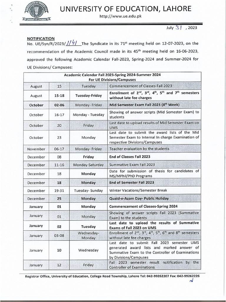 Notification Regarding Academic Calendar Fall 2023, Spring 2024 and ...