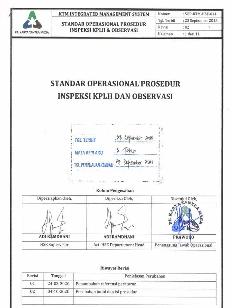 SOP-KTM-HSE-011 Inspeksi KPLH Rev.02 | PDF