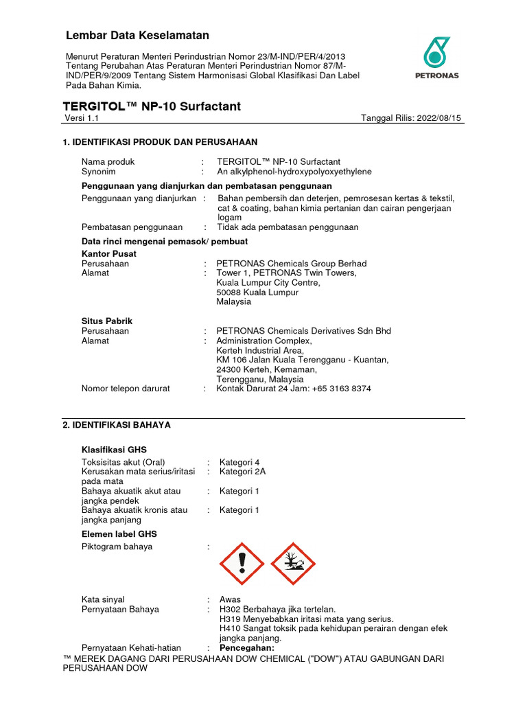 2022 Graha Obor MSDS NP 10 (GHS Version) Bahasa Indonesia (15 Agustus 2022) - Utk Konishi ...