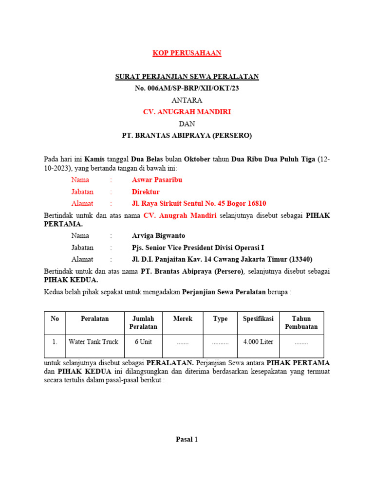 Surat Perjanjian Sewa Alat Amn Manado | PDF
