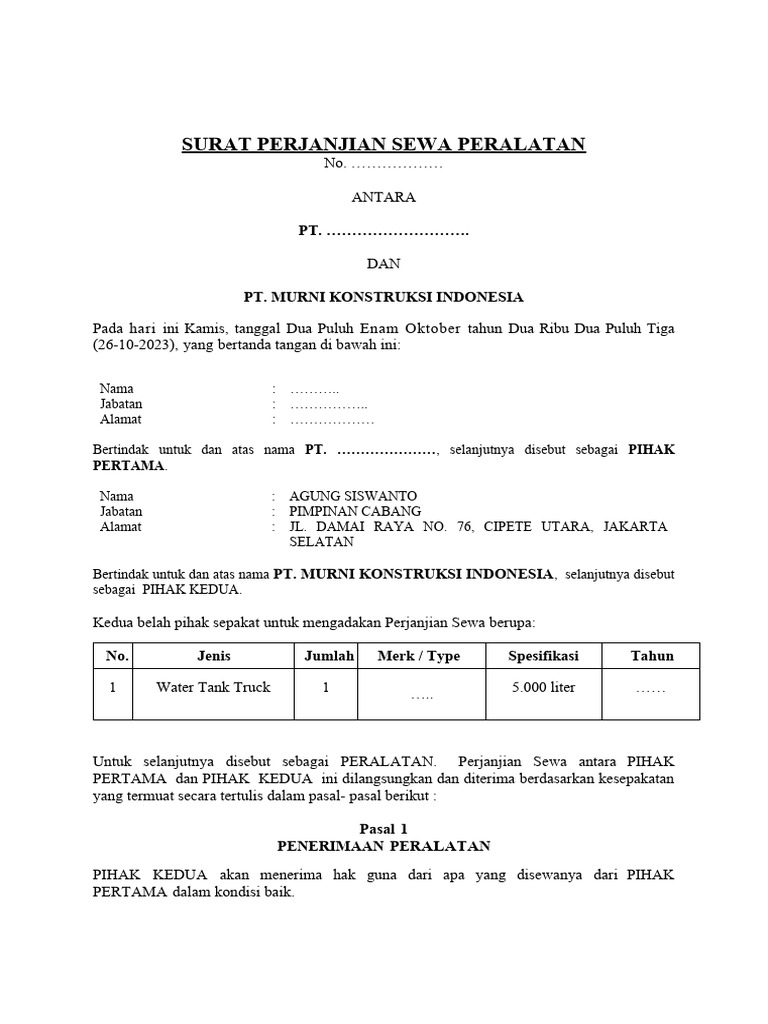 Surat Perjanjian Sewa Peralatan Water Tank | PDF