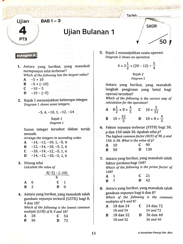 Maths F1 Get Ready PT3 Ujian 1 (Chapter 1-3) | PDF