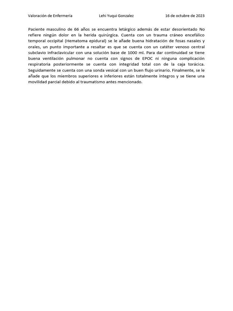 Paciente Masculino de 66 Años No Se Encuentra Letargico Adem | PDF