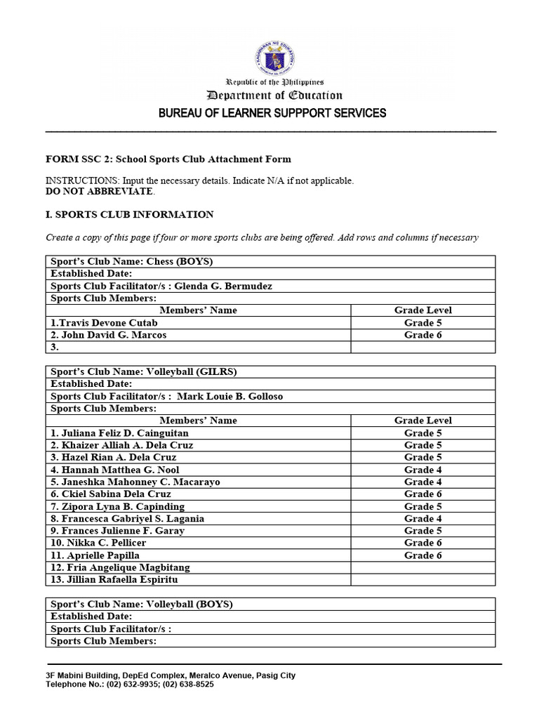 School Sports Club Registration Form | PDF | Sports | Leisure