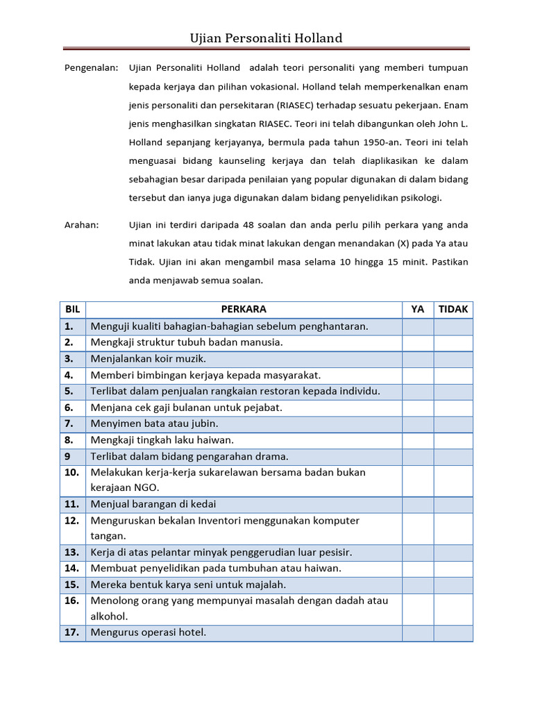 Holland Personality Test BM | PDF