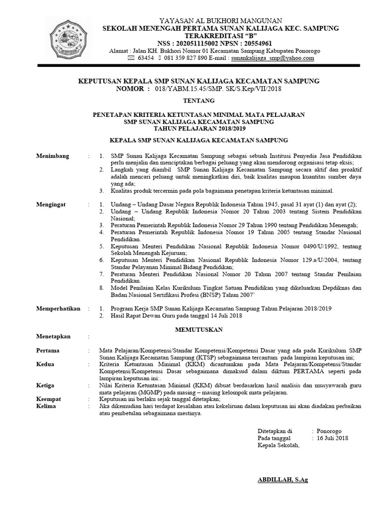 SK Penetapan KKM | PDF
