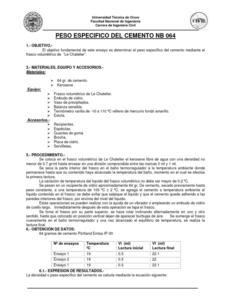 Peso Especifico Del Cemento | PDF