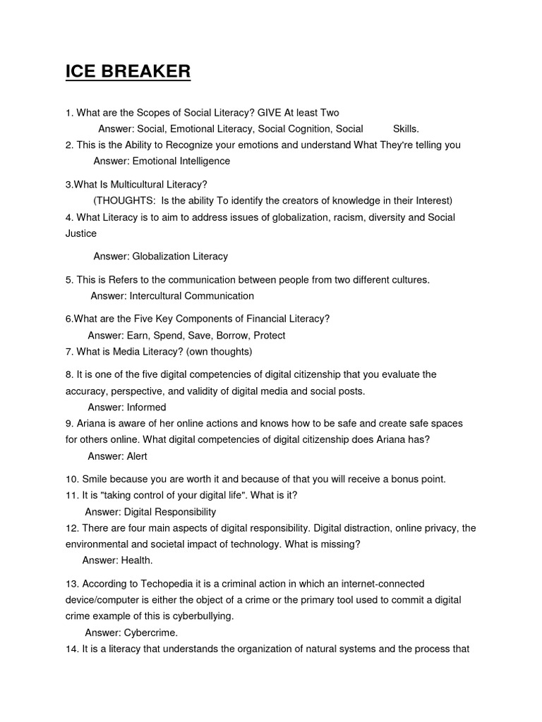 Ice Breaker and Quiz Answer Sheet | PDF | Literacy | Creativity