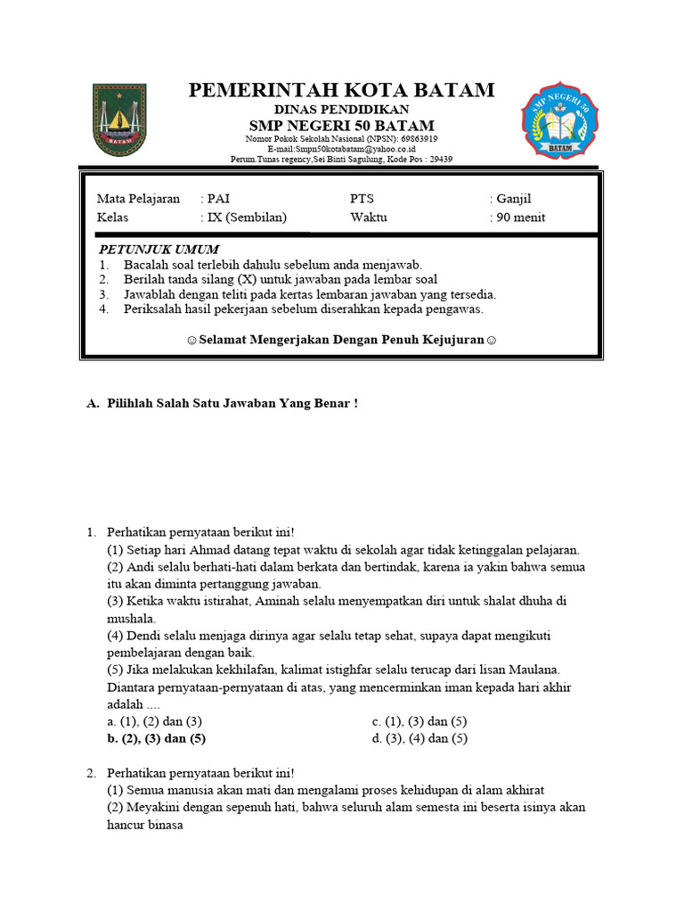 Soal Pts Pai 9 Ganjil 20232024 | PDF
