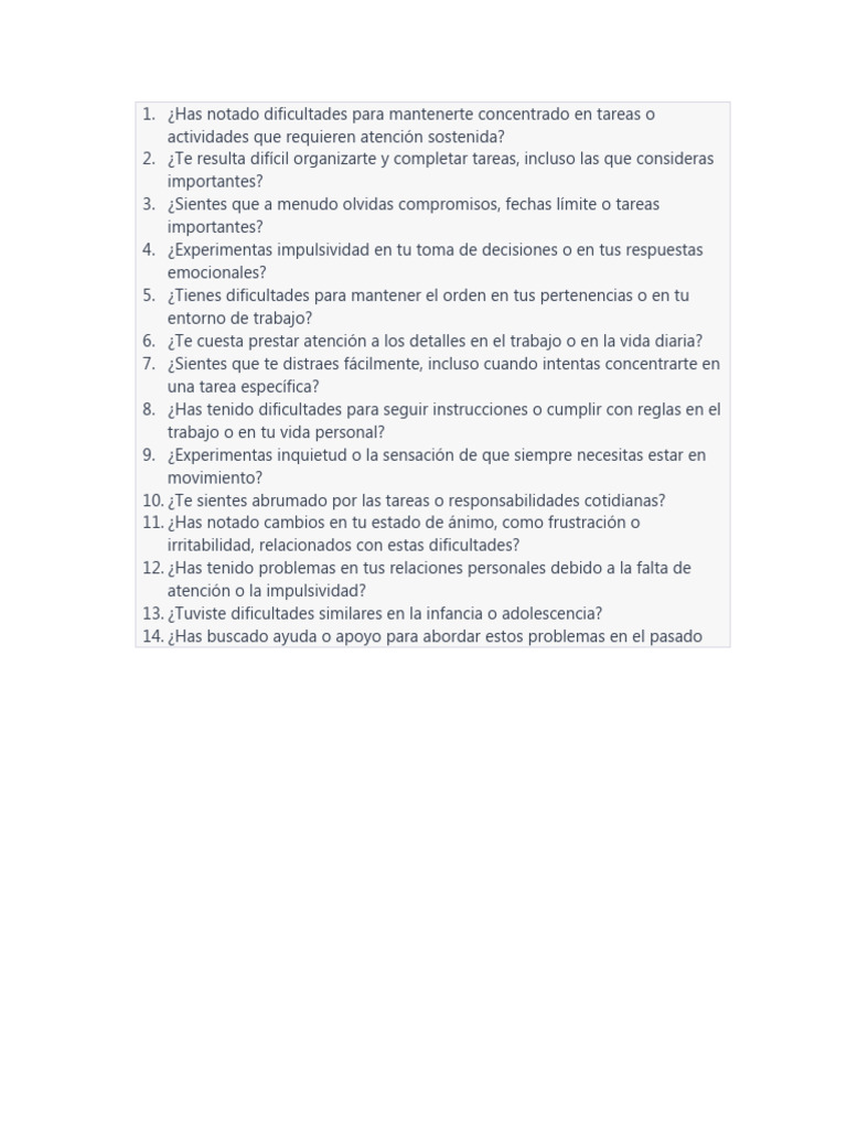 Cuestionario TDAH | PDF