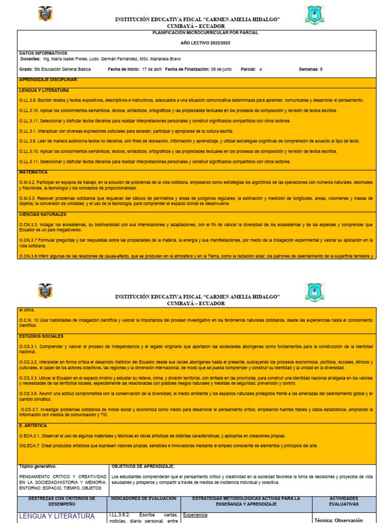 PLANIFICACION 5to EGB 4ta | PDF