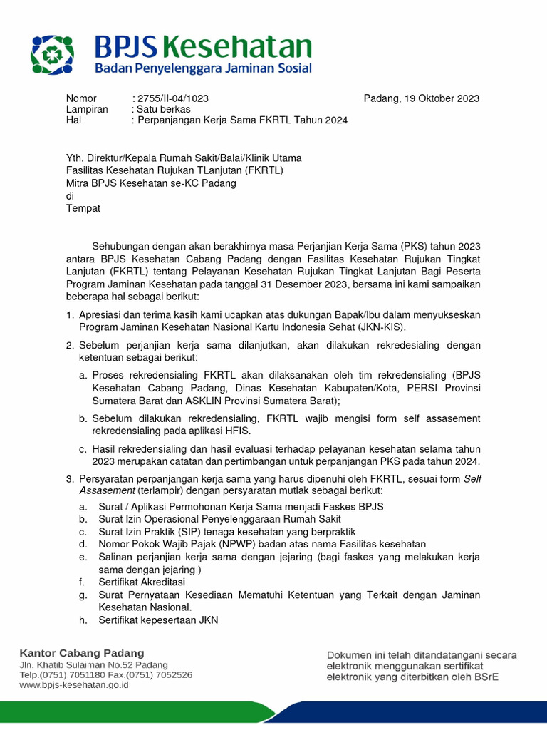 Perpanjangan PKS FKRTL 2024 BPJS Kesehatan | PDF