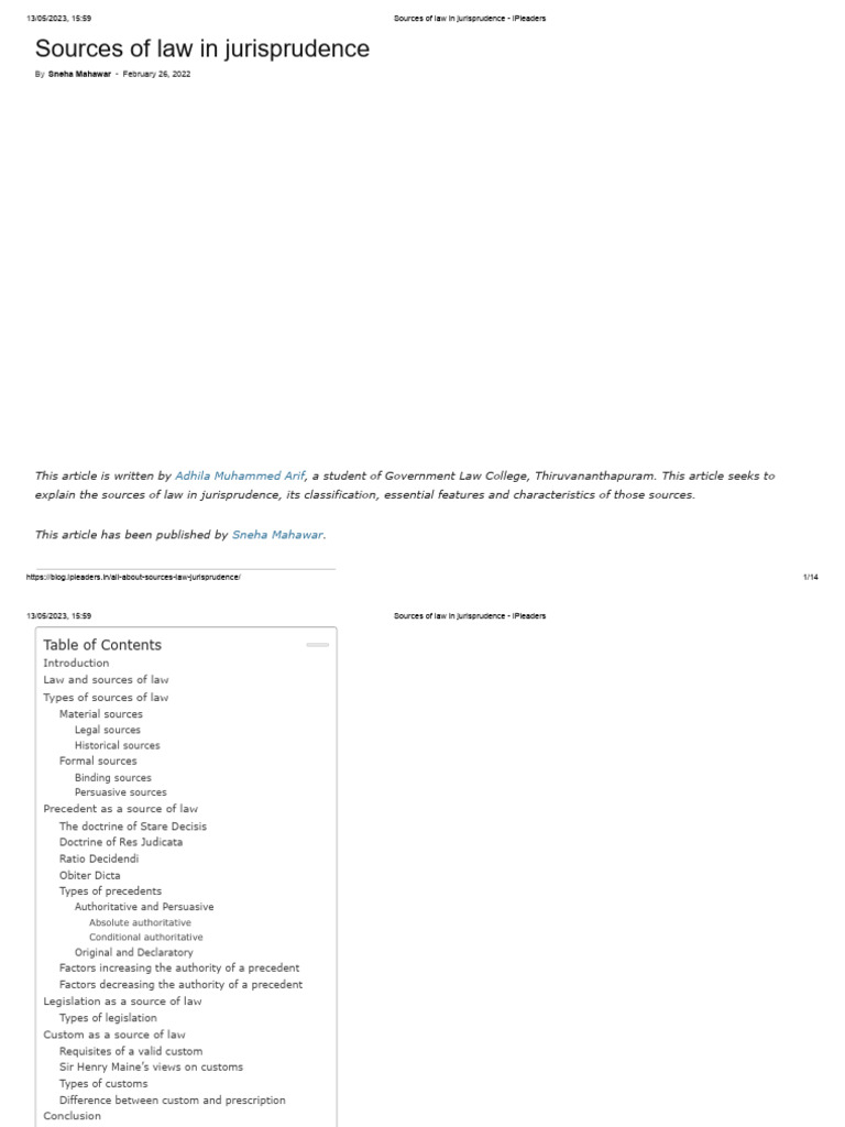 Sources of Law in Jurisprudence - Ipleaders | PDF