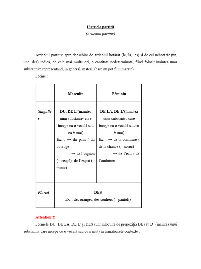 Articolul Partitiv Franceza | PDF