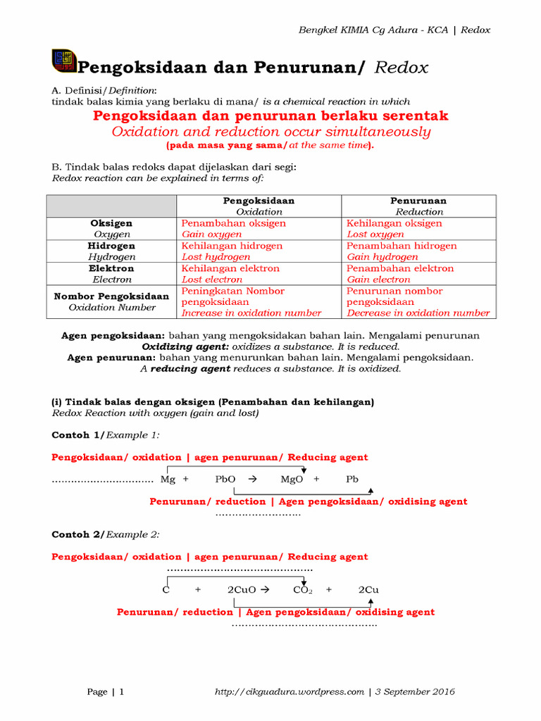 Bahan 01 Bgkel Kimia CG Adura Redoks Answer Nota | PDF